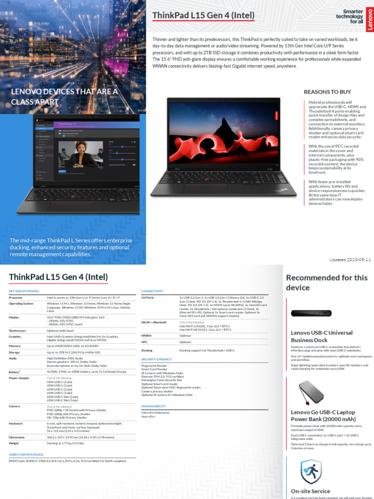 ThinkPad L15 Gen 4 (Intel) | PDF | Usb | Laptop