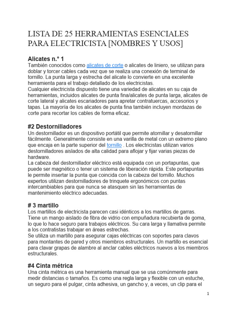 Lista de 25 Herramientas Esenciales para Electricistas | PDF | Conector eléctrico | Aislador ...