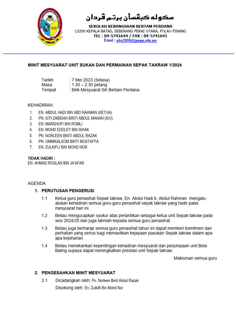 MINIT MESYUARAT Sepk Takraw 1 | PDF