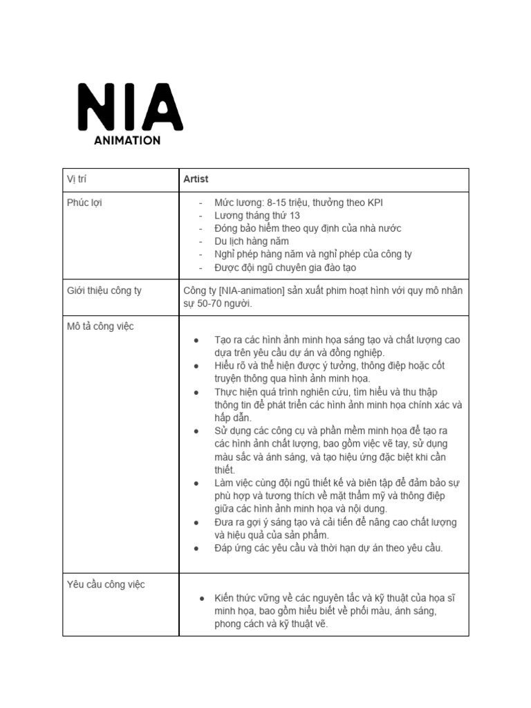 NIA-animation - Artist Job Description | PDF