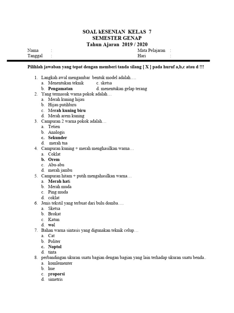 SOAL kESENIAN KELAS 7 | PDF | Seni & Disiplin Bahasa | Seni