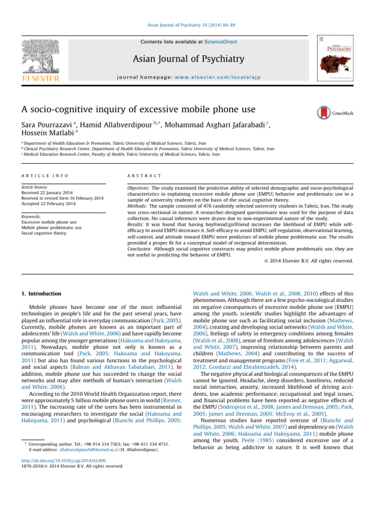 A Socio Cognitive Inquiry Of Excessive Mobile Phone Use Pdf Self Efficacy Cognition 