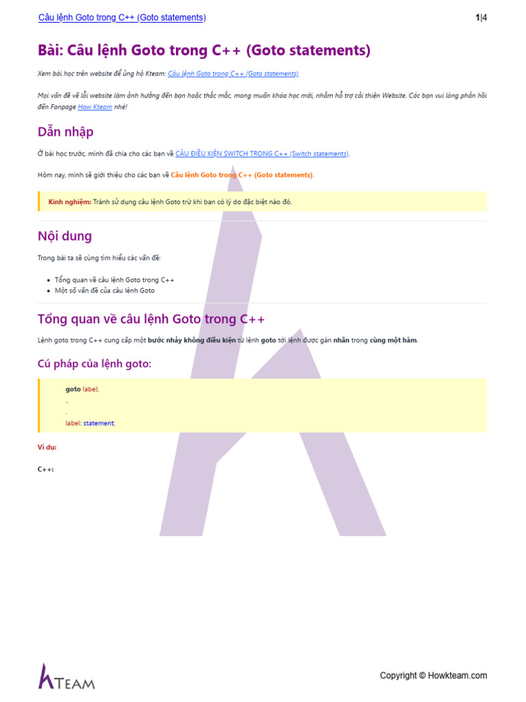 HOWKTEAM.VN - Câu lệnh Goto trong C++ (Goto statements) | PDF