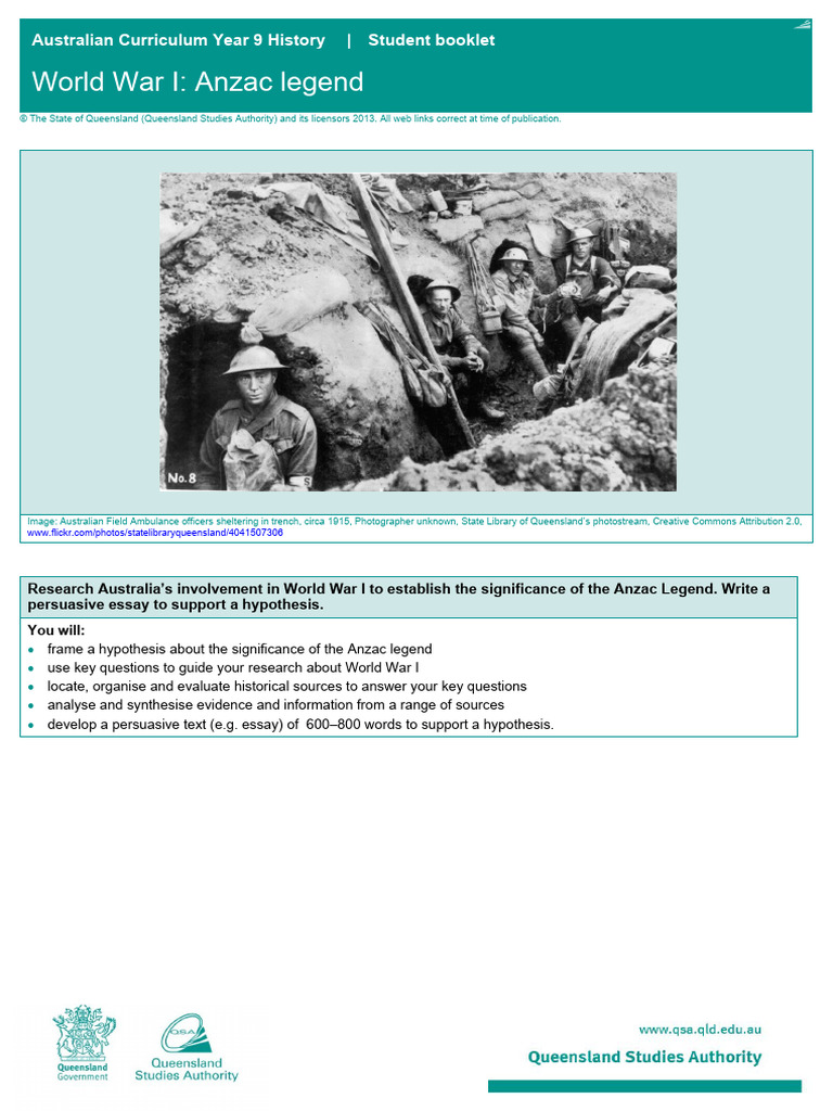 World War I - Anzac Legend - Student Booklet | PDF | Essays | Evidence