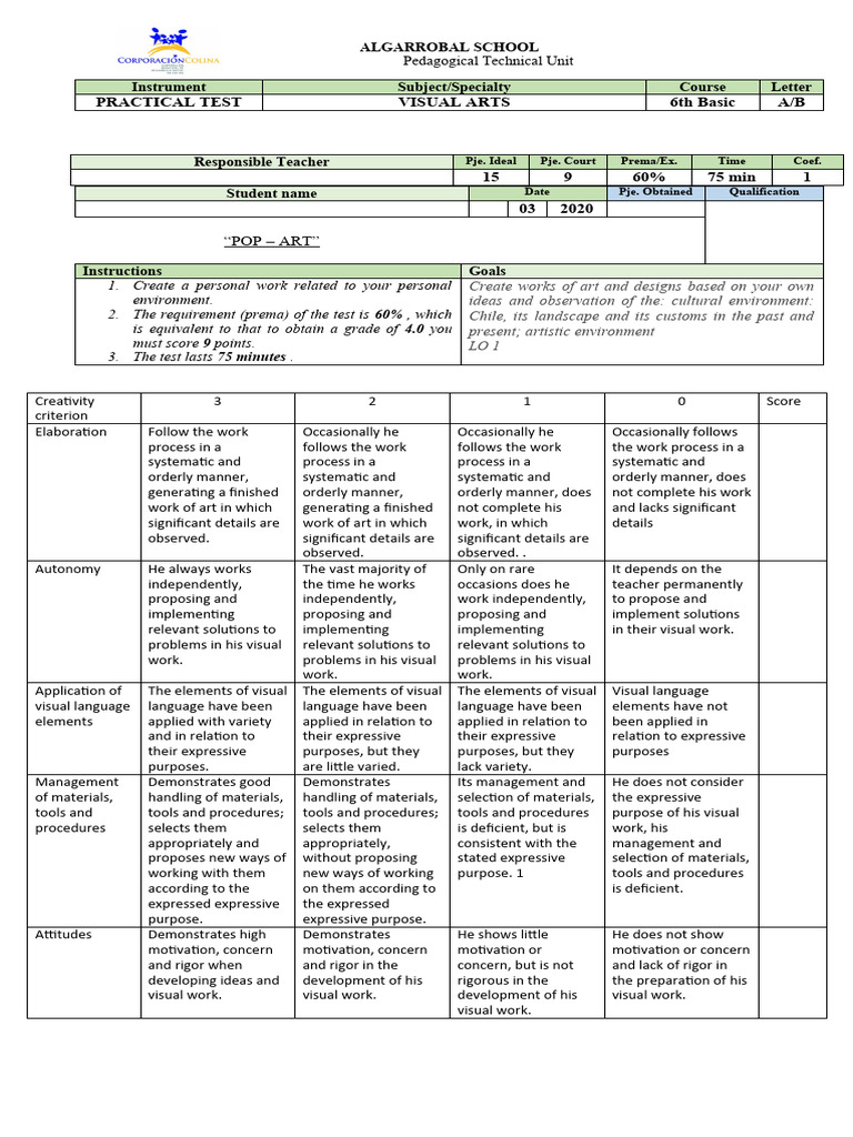 6th Year - VISUAL-ARTS-DIAGNOSTIC-TEST RUBRIC | Download Free PDF ...