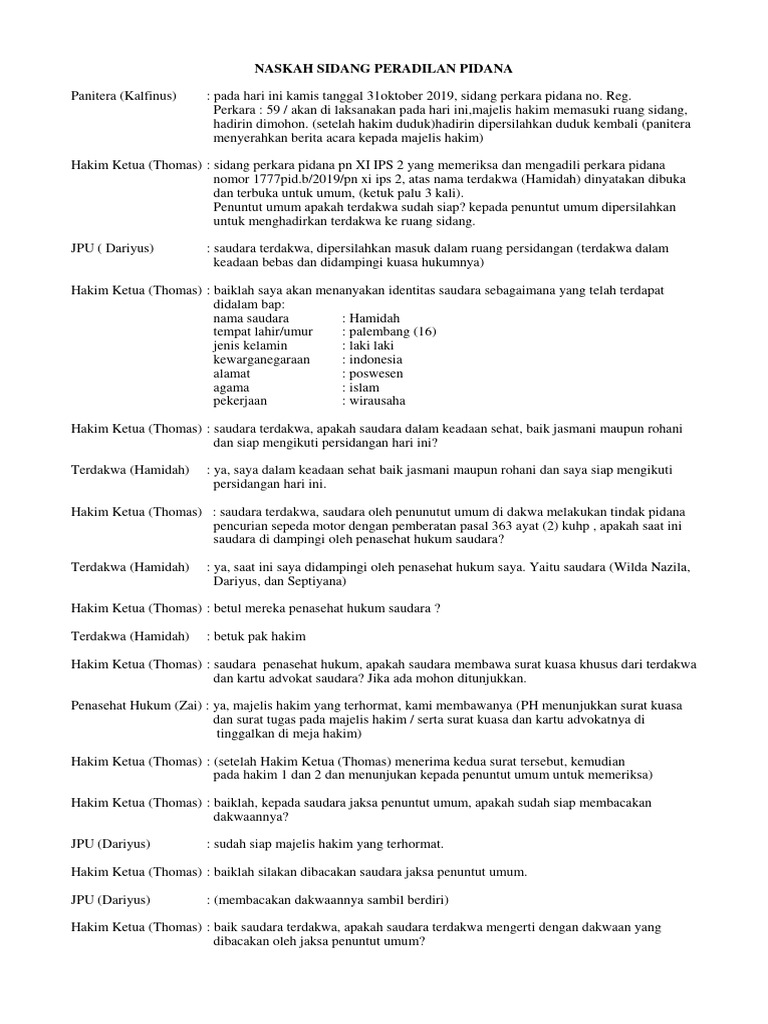 Naskah Sidang Peradilan Pidana Kel1 | PDF