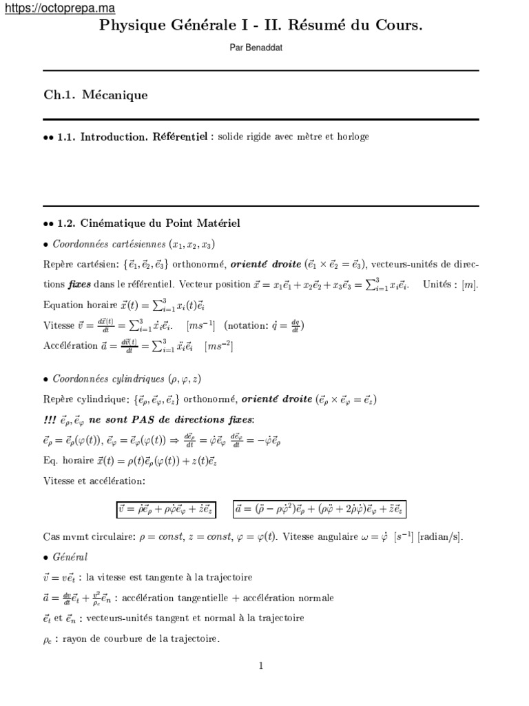 110 Resume Excellent Mecanique Du Point s1 Mip FSTM PDF 2022 | PDF