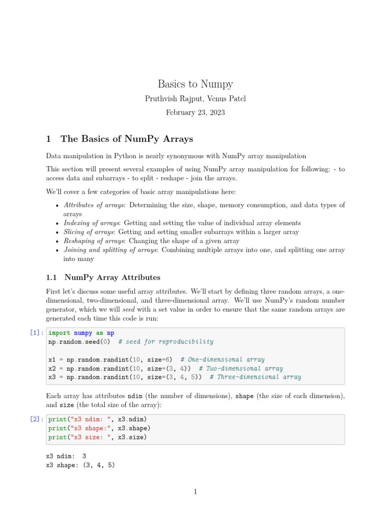 Topic 2 The Basics Of Numpy Arrays 1 Pdf Computer Data Computing