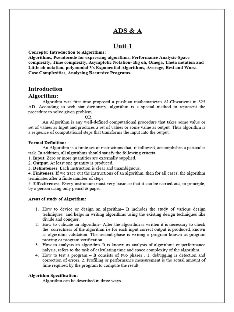 ADS & A Unit-1 Study Material | PDF | Algorithms | Programming