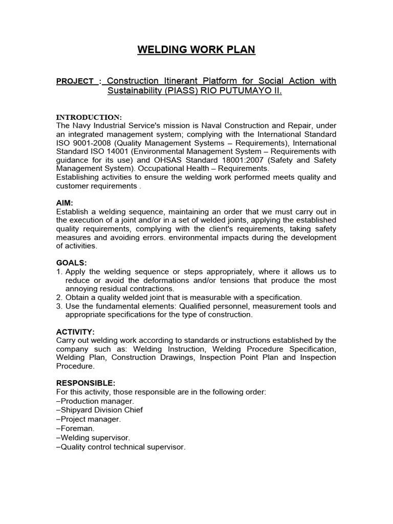 Welding Work Plan | PDF | Safety | Specification (Technical Standard)