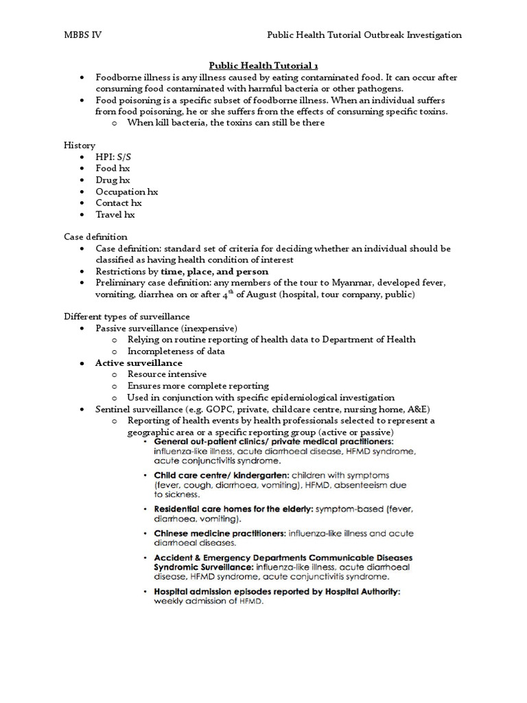 Public Health - Tutorial 1 Outbreak Investigation Typhoid and Malaria ...