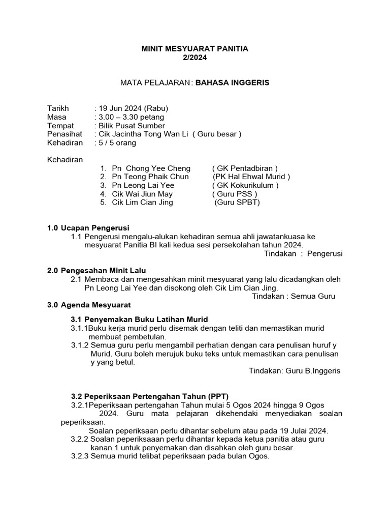 Minit Mesyuarat Panitia 2 Bi | PDF