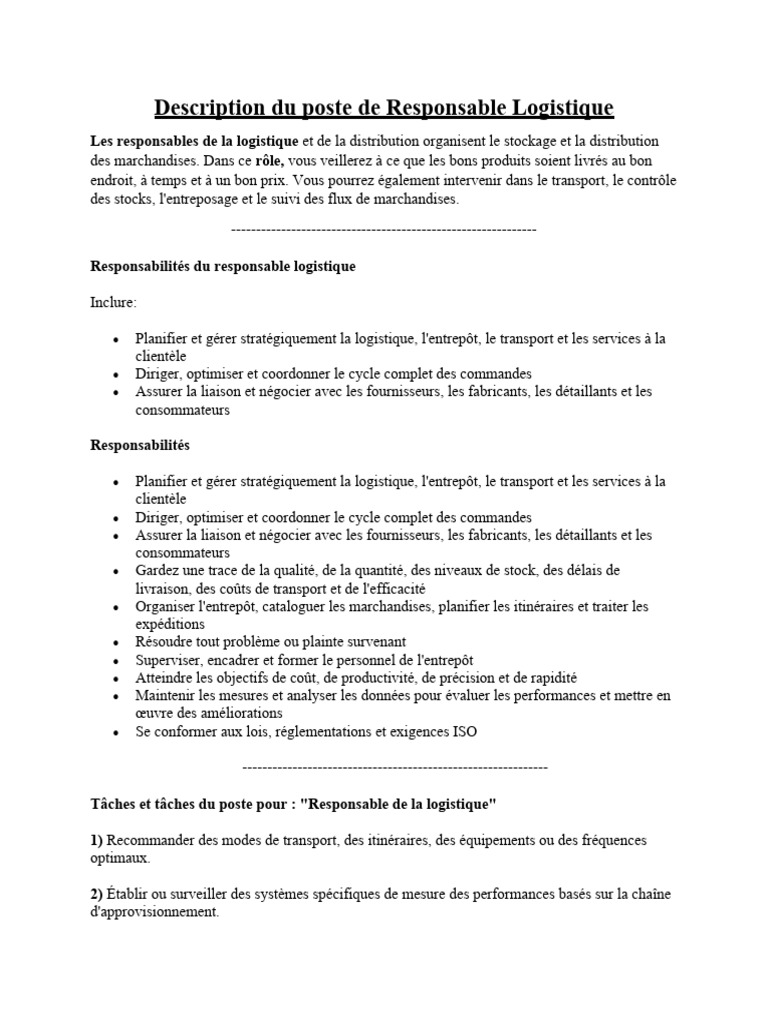 Description Du Poste de Responsable Logistique | PDF | Logistique | Application