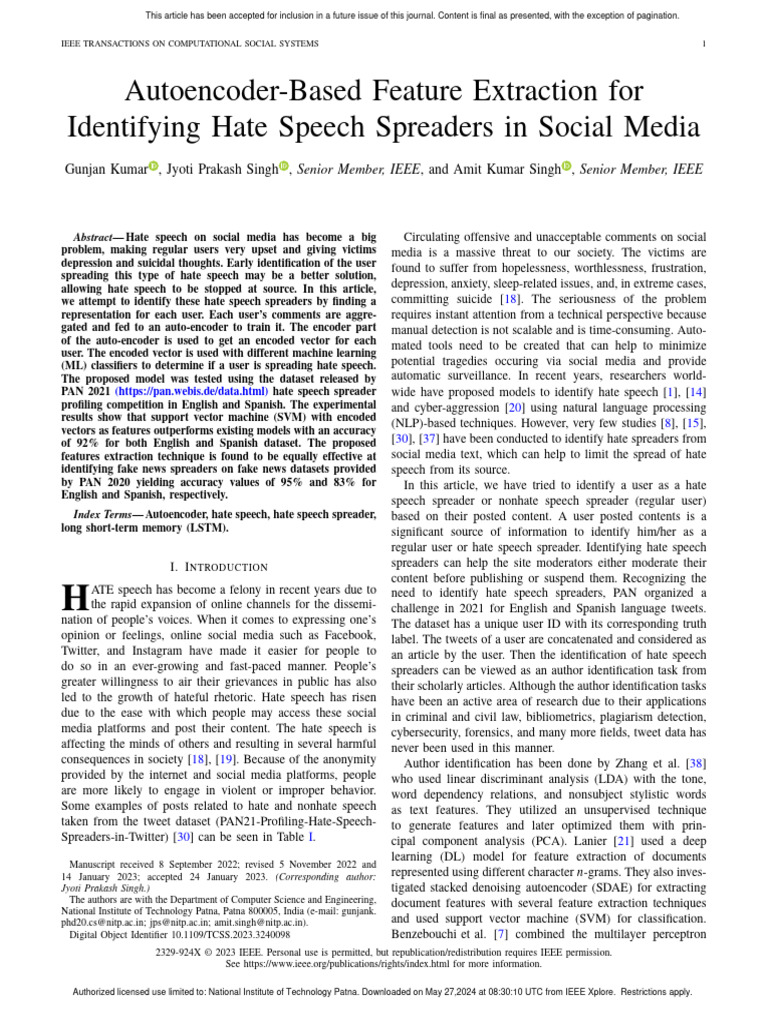 Autoencoder-Based Feature Extraction For Identifying Hate Speech Spreaders in Social Media | PDF ...