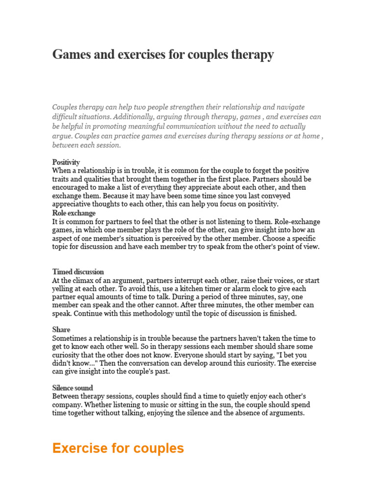 Games and Exercises For Couples Therapy | PDF | Psychotherapy | Marriage