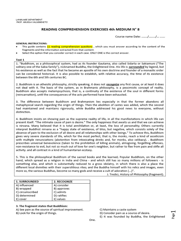 Reading Comprehension and Contextual Vocabulary Exercises 4th Middle #8 ...