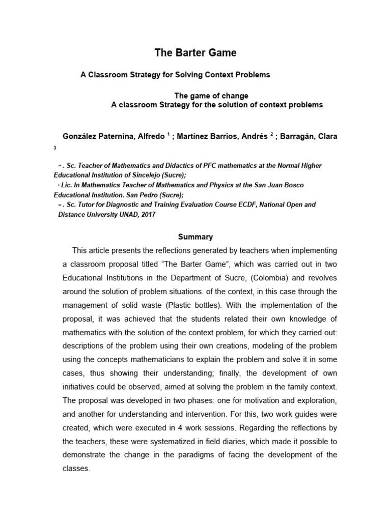 THE BARTER GAME A Classroom Strategy For Solving Context Problems | PDF ...