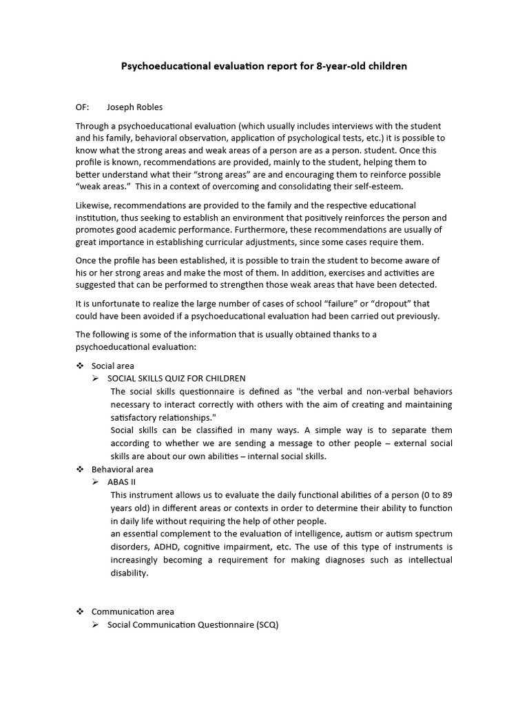 Psychoeducational Evaluation Report for Kids | PDF | Behavioural ...