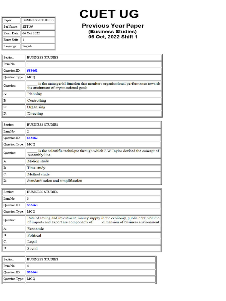 Cuet Ug: Previous Year Paper | PDF