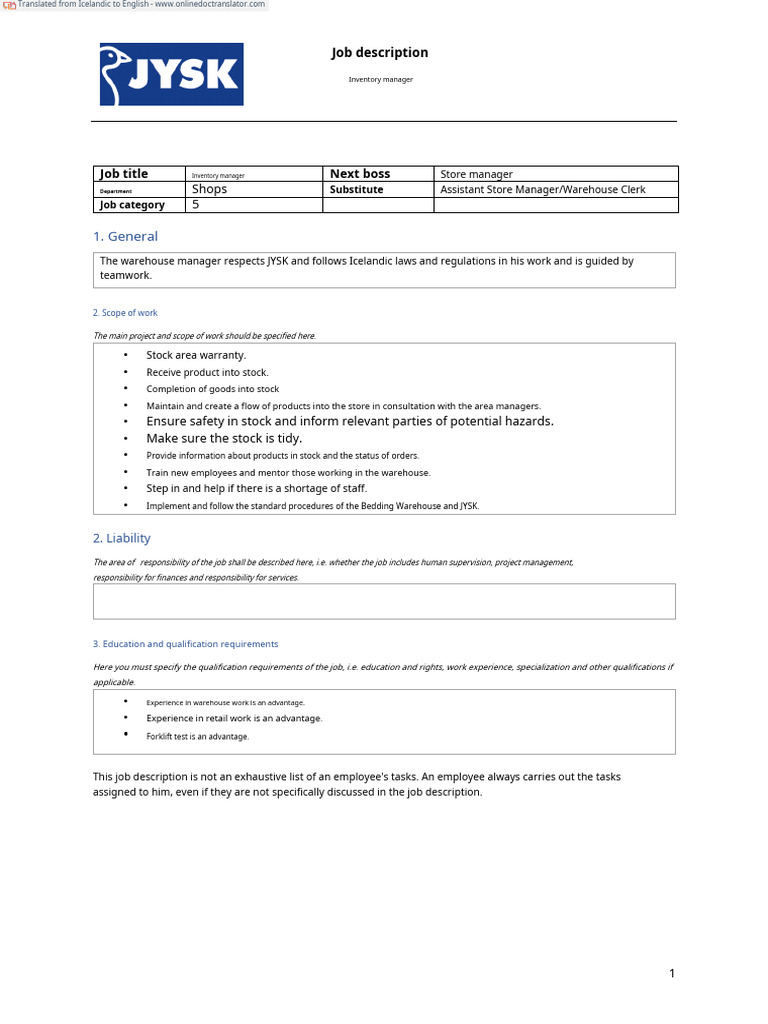 JYSK Starfslýsing - Lagerstjóri - Is.en | PDF | Business