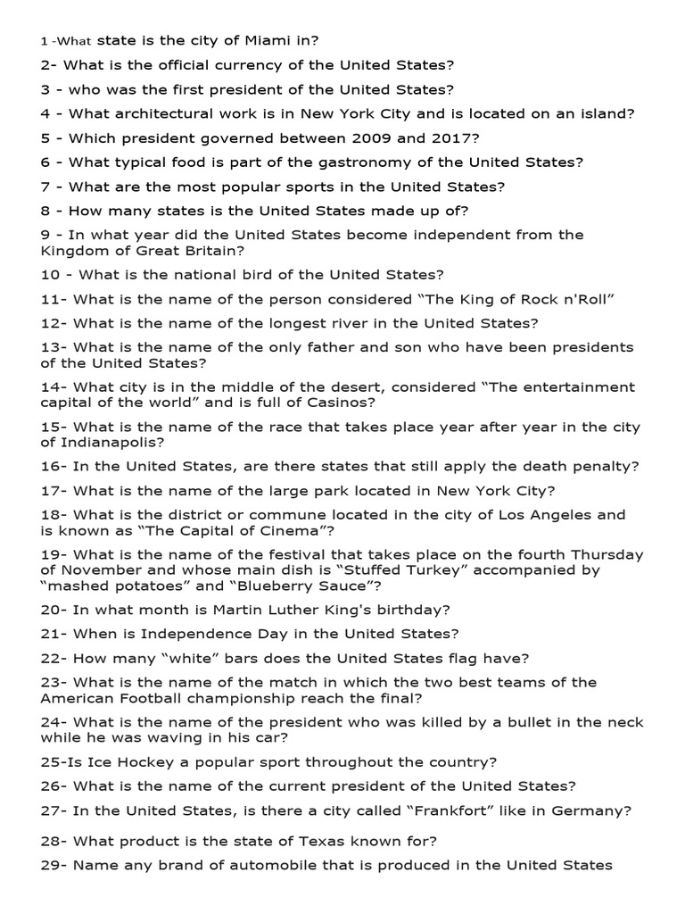 United States Trivia Questions | Download Free PDF | The United States