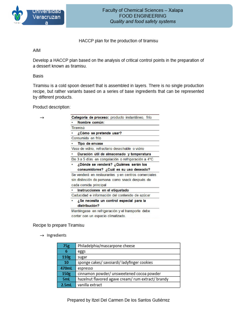 HACCP Plan - Pastry Product: Tiramisu | PDF | Desserts | Foods