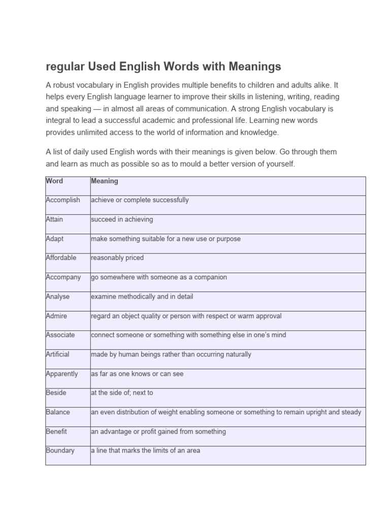 Daily Used English Words With Meaningshhhh | PDF | English Language ...