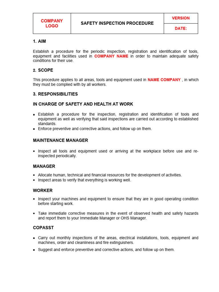 Safety Inspections Procedure | PDF | Occupational Safety And Health ...