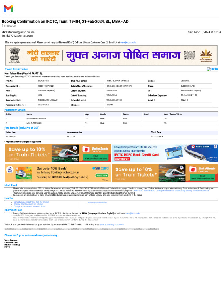 Gmail - Booking Confirmation On IRCTC, Train - 19484, 21-Feb-2024, SL ...