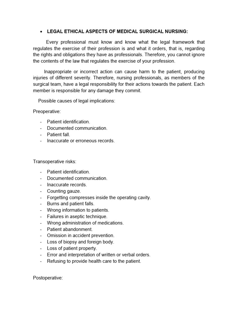 Ethical Legal Aspects of Medical Surgical Nursing | PDF | Surgery | Nursing Ethical Legal Aspects of Medical Surgical Nursing | PDF | Surgery | Nursing