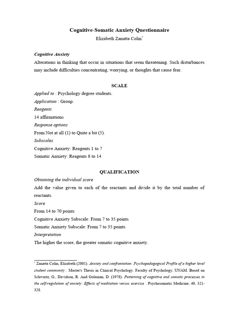 Cognitive-Somatic Anxiety Questionnaire | PDF | Anxiety | Psychology Cognitive-Somatic Anxiety Questionnaire | PDF | Anxiety | Psychology