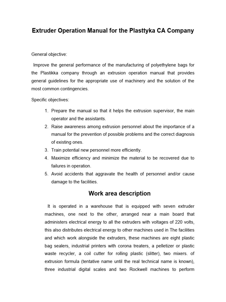 Extruder Operation Manual For The Plastika Company | PDF | Extrusion ...