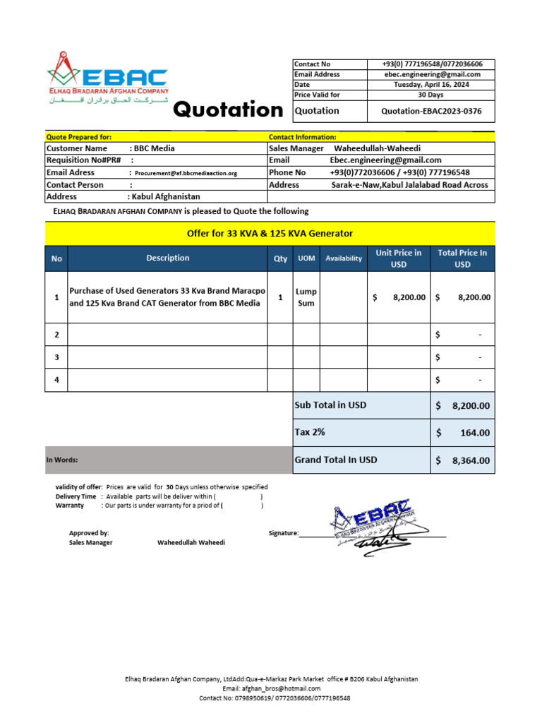 Quotation For Generator | PDF