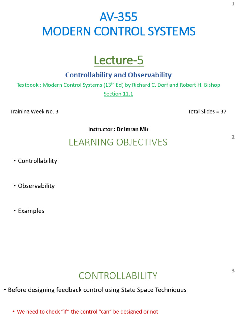 AV355 MCT Lec5 Controllability & Observability | PDF | Determinant ...