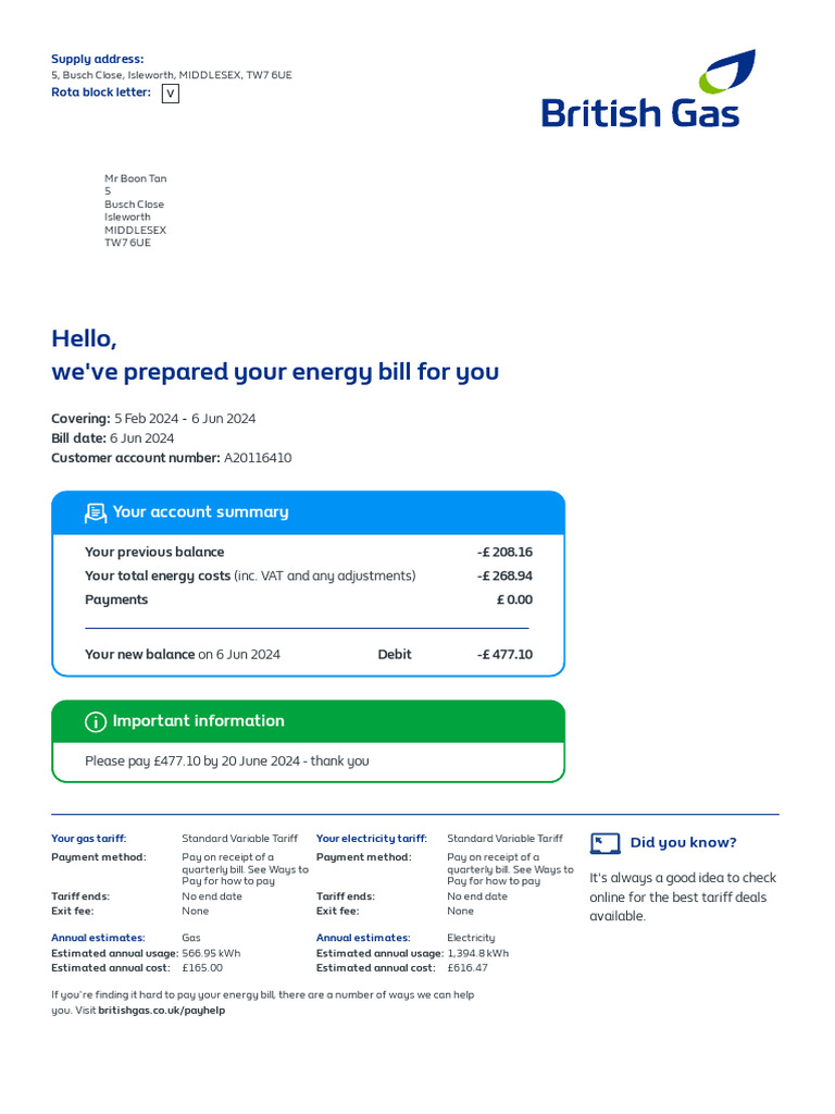 British Gas Energy Bill Summary | PDF | Cheque | Annual Percentage Rate