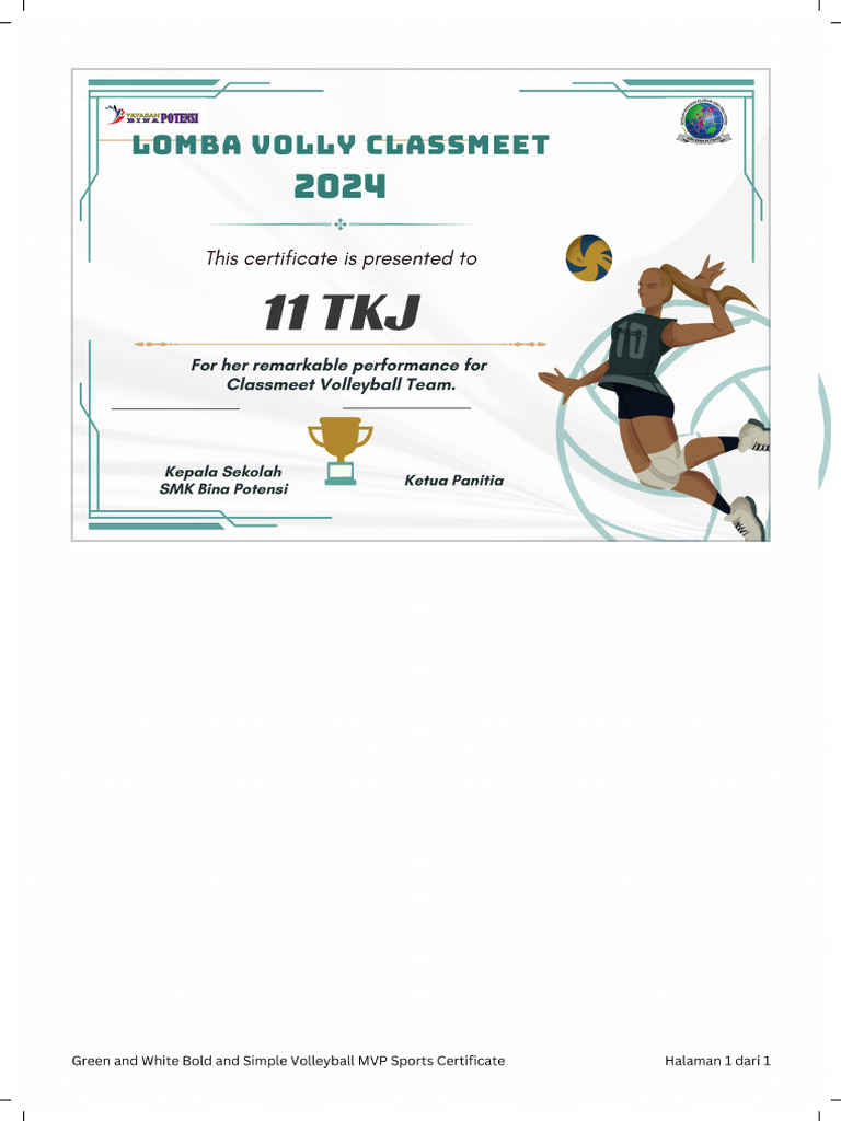 Green and White Bold and Simple Volleyball MVP Sports Certificate ...