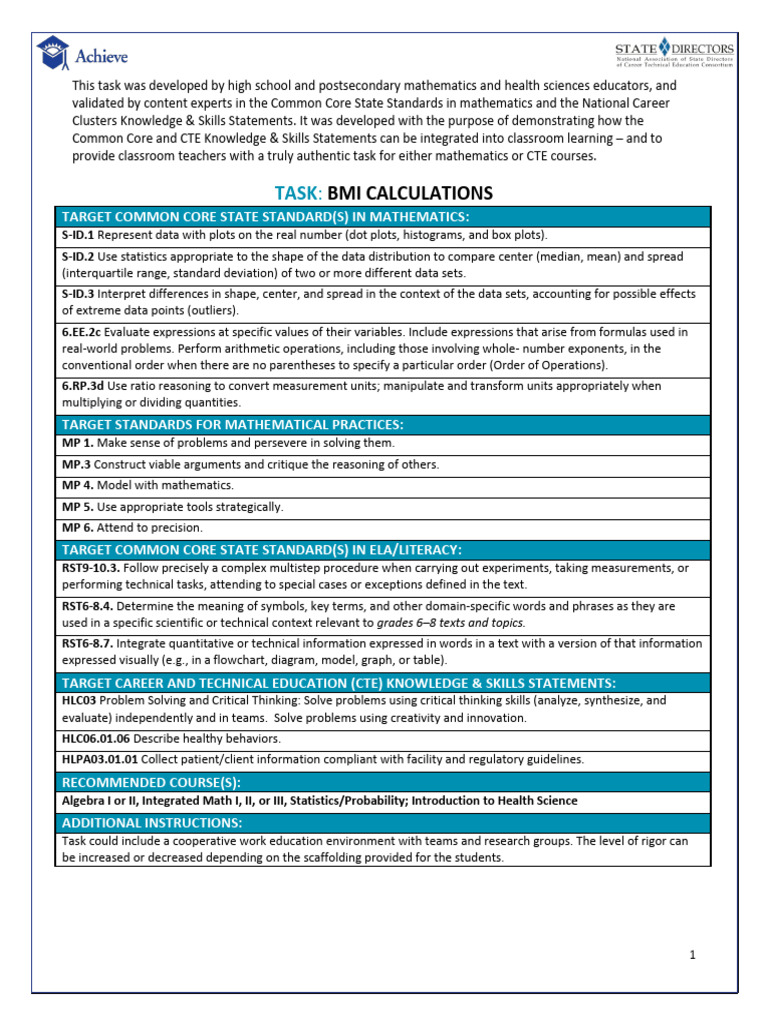 CCSS CTE Task BMI Calculations FINAL | PDF | Body Mass Index | Skewness