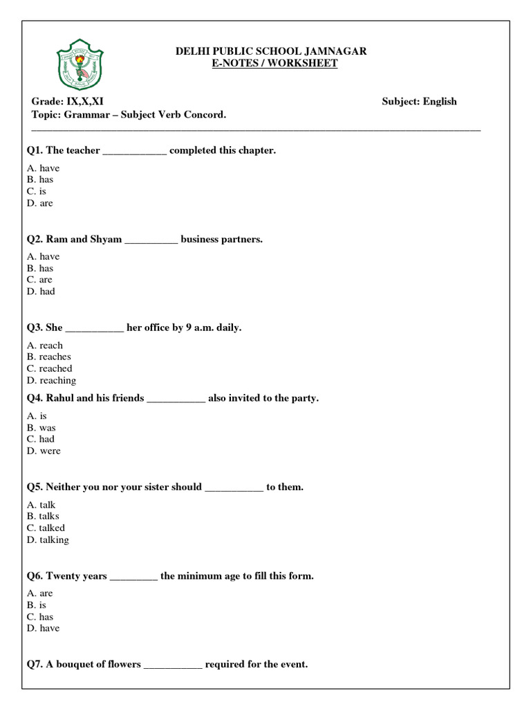 Grammar - Subject Verb Concord - Worksheet For Practice | PDF