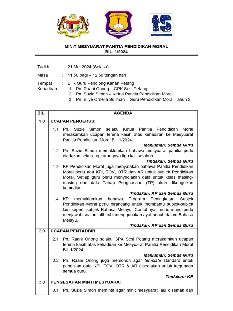 Minit Mesyuarat Panitia Pendidikan Moral Bil 1-2024 | PDF