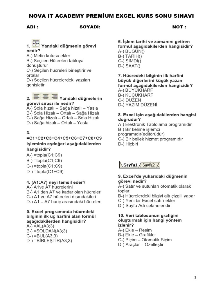 EXCEL KURS SINAV | PDF
