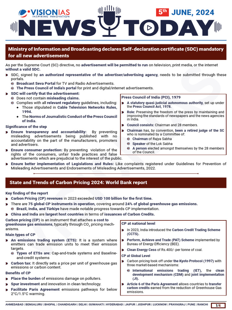 VisionIAS Daily Current Affairs 05 June 2024 | PDF | Emissions Trading