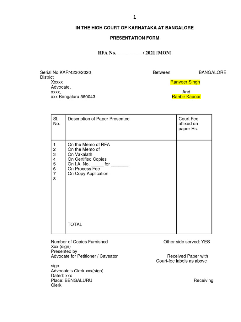 RFA No. - / 2021 (MON) : in The High Court of Karnataka at Bangalore ...