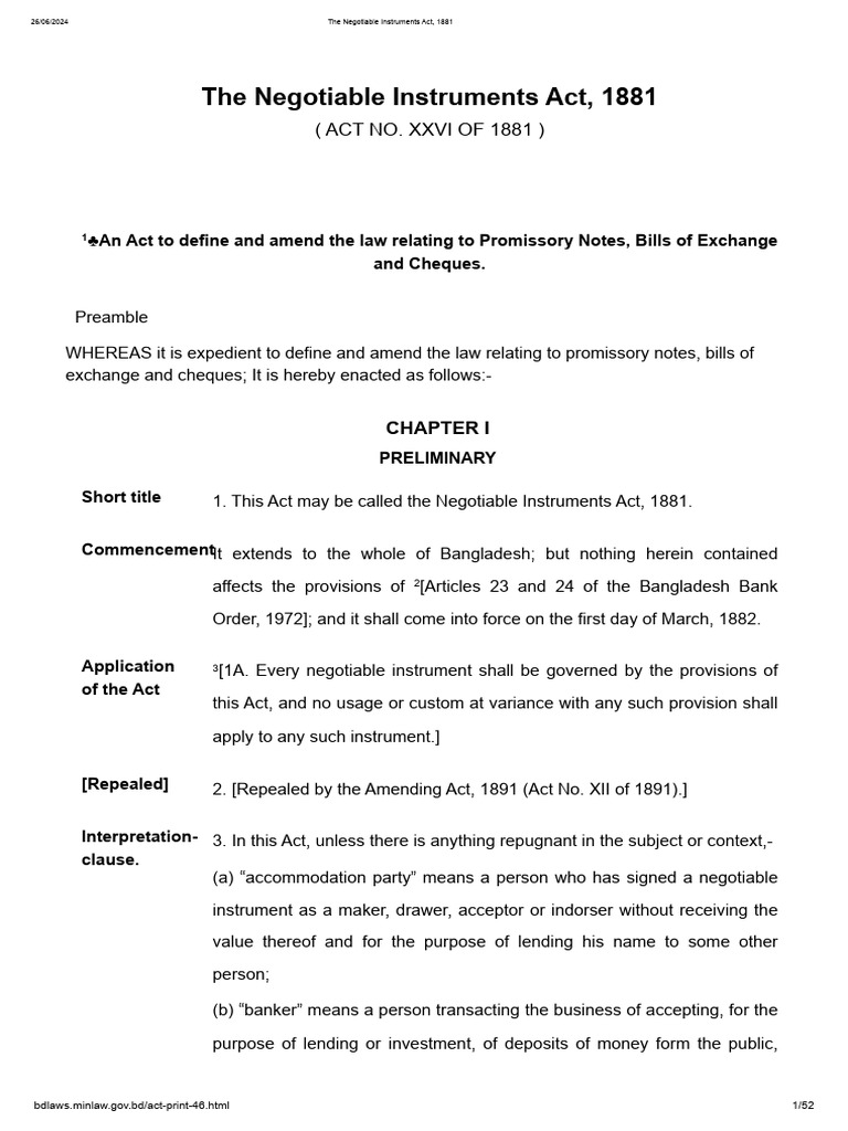 The Negotiable Instruments Act, 1881 | PDF | Negotiable Instrument ...