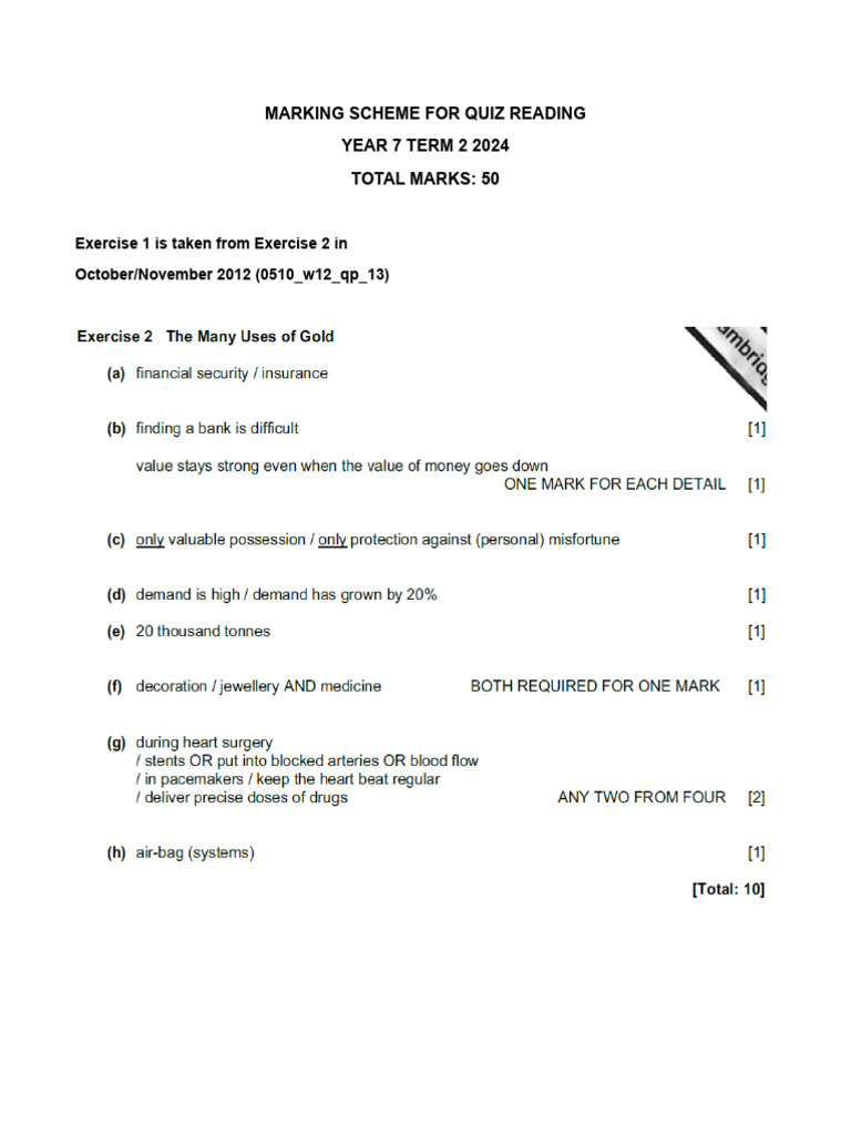 MS Quiz Reading Y7 T2 | PDF | Teaching Methods & Materials