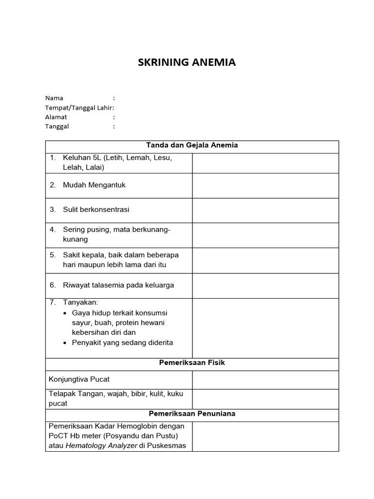 Form Skrining Anemia | PDF