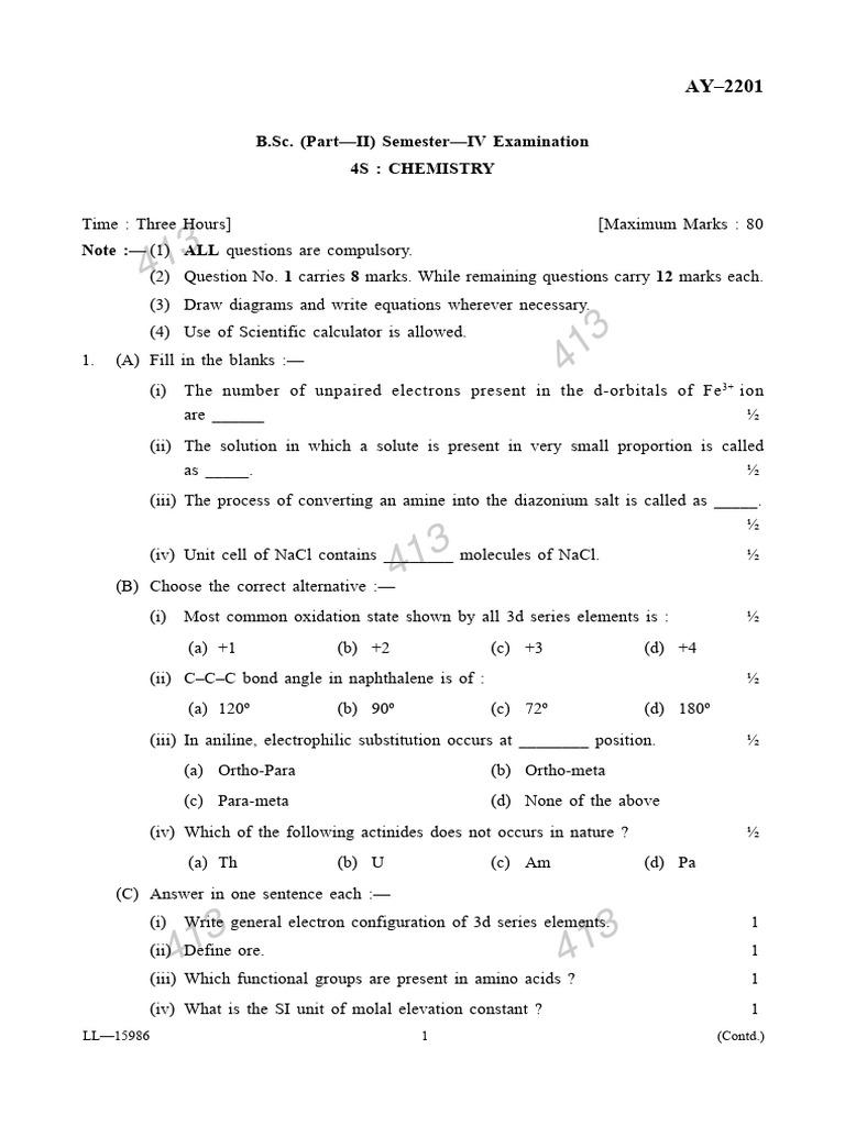 Bsc 4 Sem Chemistry Ay 2201 S 2022 Pdf Crystal Structure Electron