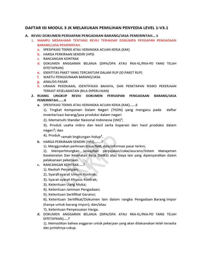 Daftar Isi Modul 3 JK Melakukan Pemilihan Penyedia Level 1 | PDF