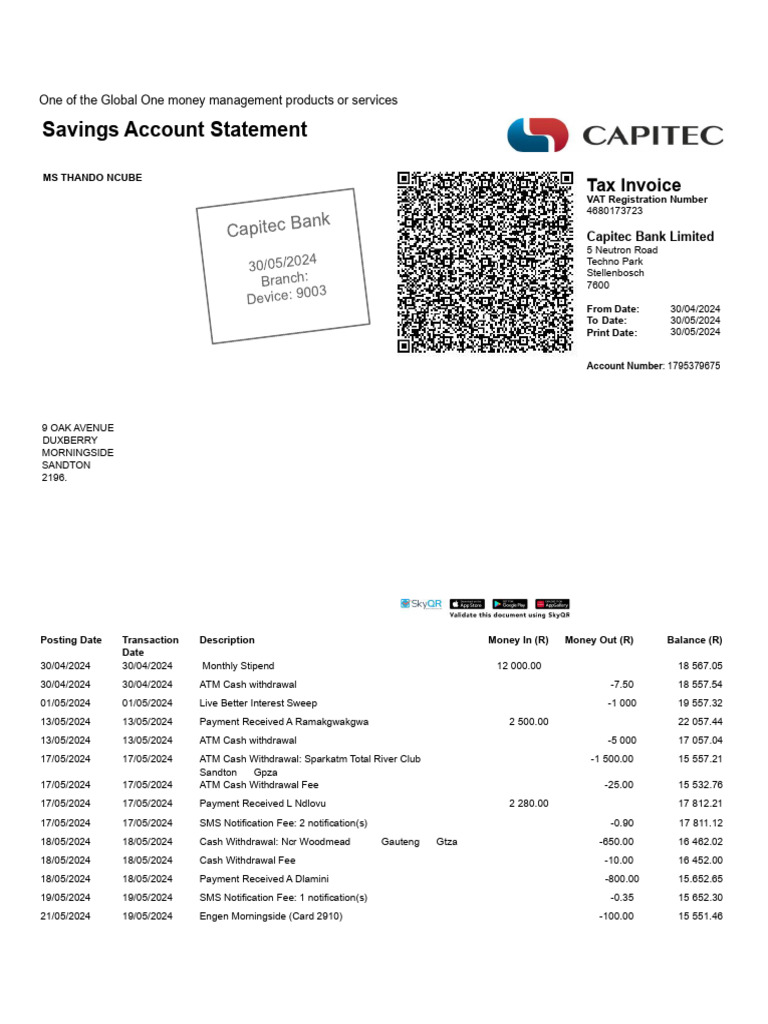 Capitec 1 Month Bank Statement | PDF | Automated Teller Machine | Cash