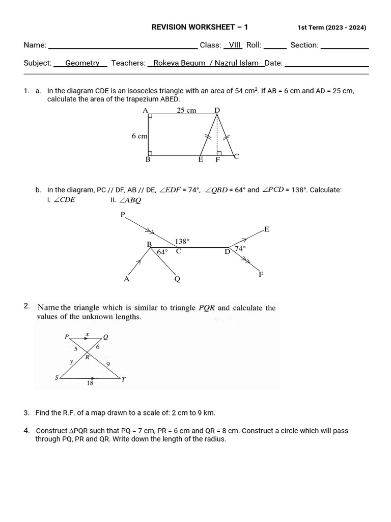 VIII-Geometry-Revision Worksheet-1 | PDF