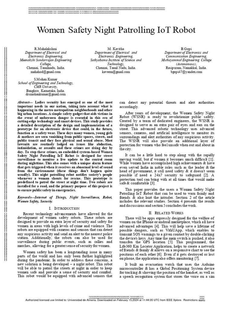 Women Safety Night Patrolling IoT Robot | PDF | Internet Of Things | Computing